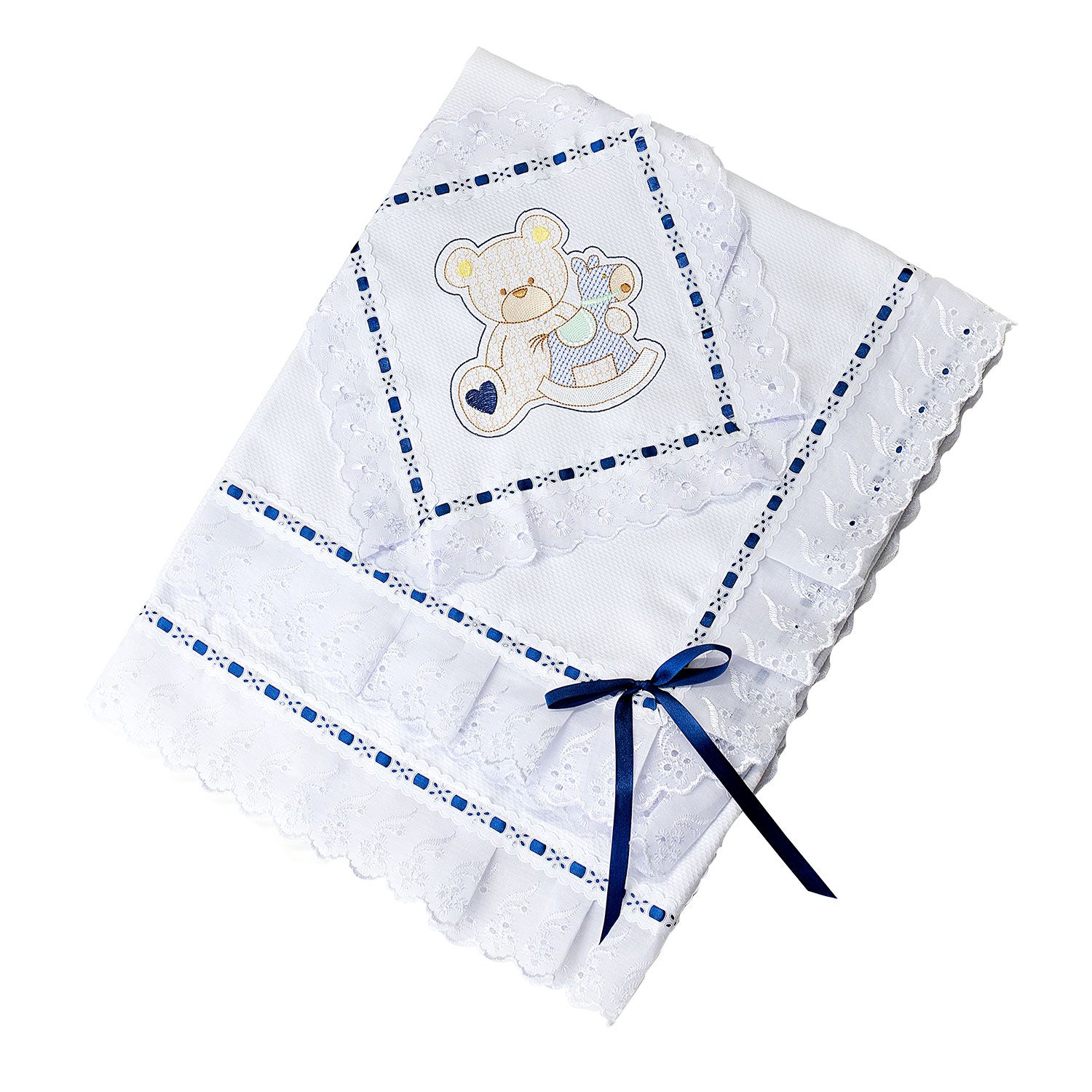 Manta Piquet Bordado Urso com Cavalinho Azul Marinho 75cm | Grão de Gente